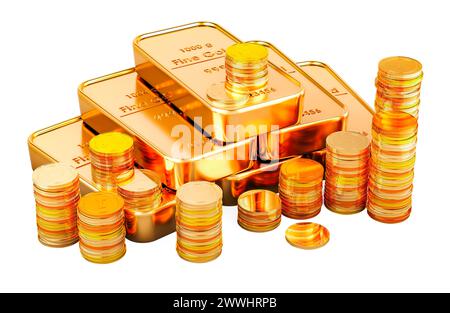 Gold bullions and stack of coins. Background for finance banking ...