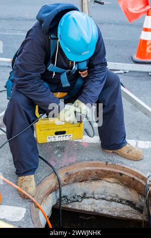 Constructionworker with manhole New York City, USA. Caucasian ...