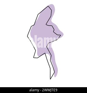 Myanmar country simplified map. Violet silhouette with thin black smooth contour outline ...