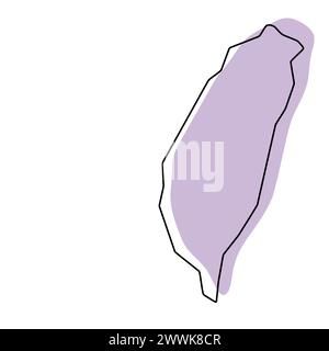 Taiwan country simplified map. Violet silhouette with thin black smooth ...