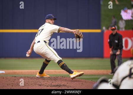Milwaukee Brewers relief pitcher DL Hall delivers to Houston Astros ...