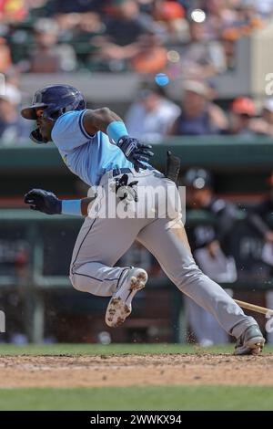 Lakeland FL USA; Tampa Bay Rays catcher Ricardo Genoves (19) singles to ...