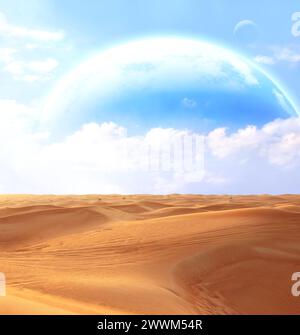 Fantastic scenic with sand desert and planets in sky. Beautiful ...