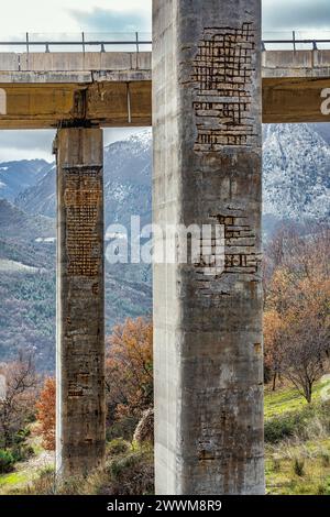 Deteriorated and worn highway pylons with exposed and rusted iron ...