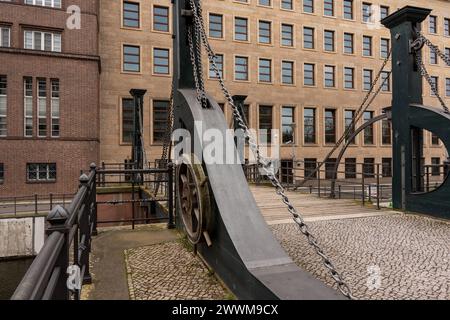An ancient drawbridge across the river in Berlin. Close-up of the old ...