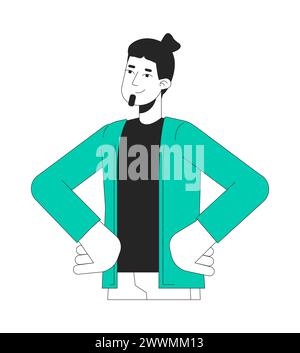 Determined professional man hands on hips black and white 2D line ...