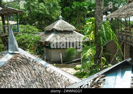 Simple buildings and huts made of wood and roofs made of sago leaves ...
