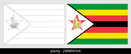 Zimbabwe flag - thin black vector outline wireframe isolated on white ...