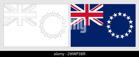 Cook Islands flag - thin black vector outline wireframe isolated on ...