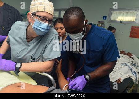 Capt. Jamie Fitch, a general surgeon, shows Sailors from Expeditionary ...