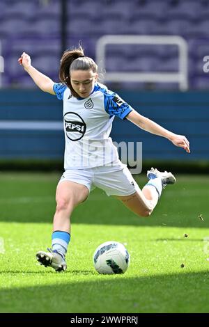 Angel Kerkhove (13) of Brugge pictured fighting for the ball with Luna Vanzeir (30) of ...