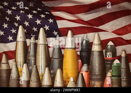 Military bombs and ammunition in front of a waving European Union flag ...