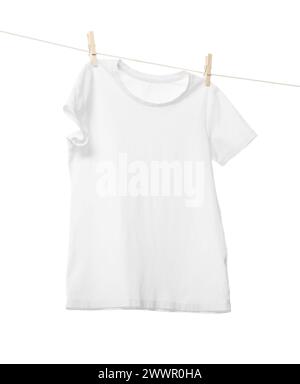 One t-shirt drying on washing line isolated on white Stock Photo - Alamy