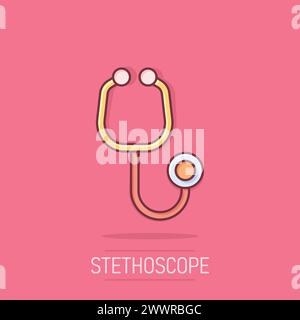 Stethoscope icon in comic style. Heart diagnostic cartoon vector ...