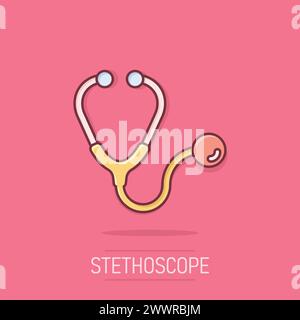 Stethoscope icon in comic style. Heart diagnostic cartoon vector ...
