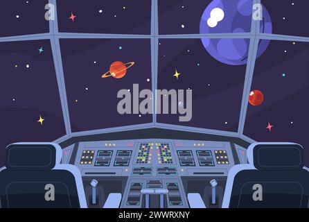 Spaceship cockpit. Shuttle inside interior with dashboard panel vector ...