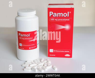 Large package of paracetamol tablets. Pills for pain and fever ...
