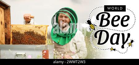 Banner for World Bee Day with beekeeper working at his apiary Stock ...