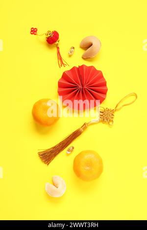 Mandarins with Chinese symbols on yellow background, closeup Stock ...