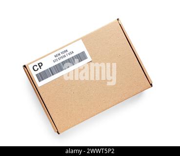 Cardboard packages with shipping label and barcode on white background ...