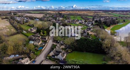 An aerial view over the village of Duddington, UK on a bright sunny day ...