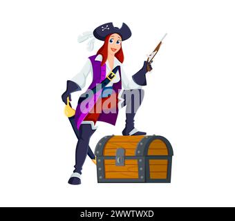 Cartoon woman pirate, sailor and skipper character, boatswain and captain. Fierce corsair or ...