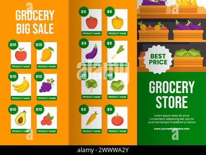 Grocery Store Brochure Flat Cartoon Hand Drawn Templates Background ...