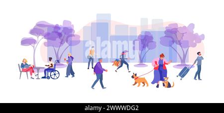 Citizens and traffic in city flat color vector illustration Stock ...