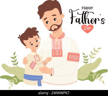 Happy Father's Day card. Ukrainian man and daughter with floral wreath ...