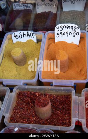 Colorful, freshly ground spice powders, including cinnamon and pepper ...