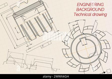 Mechanical engineering drawings on beige technical paper background ...