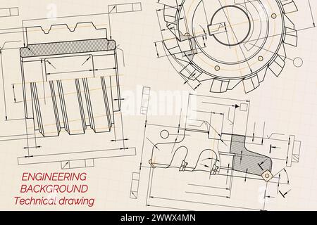 Mechanical engineering drawings on beige technical paper background ...