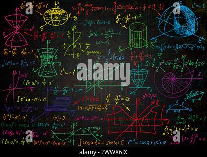 Mathematical colorful formulas drawn by hand on a black unclean ...