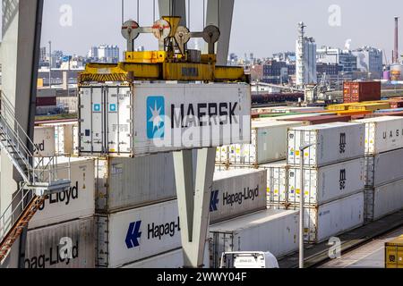 Container terminal in the port of Mannheim, sea containers are stacked ...