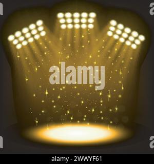 Gold bright stadium spotlights on dark background, Vector Illustration ...