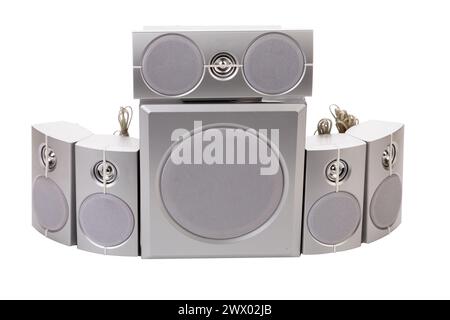 Six elements of the surround sound system. Isolated over white ...