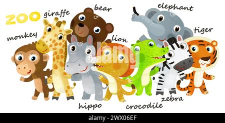 Cartoon zoo scene with zoo animals friends together in amusement park ...