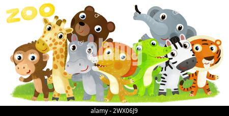 Cartoon zoo scene with zoo animals friends together in amusement park ...