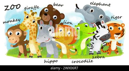 Cartoon zoo scene with zoo animals friends together in amusement park ...