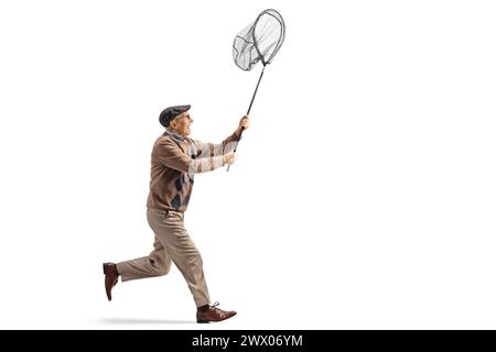 Elderly man running with a catching net and collecting money isolated ...