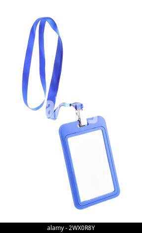 Blank blue badge with string isolated on white Stock Photo - Alamy