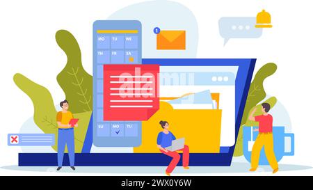 Event planning flat composition with doodle human characters laptop ...