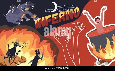 Hell underworld composition with collage of flat icons with characters ...