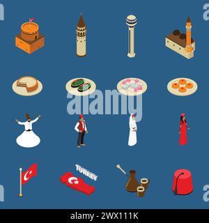 Turkish cultural symbols for tourists isometric icons set with national ...
