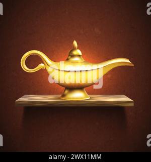 Realistic Aladdin golden lamp on wooden shelf colored poster with ...