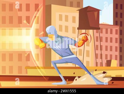 Superhero protecting the city from evil cartoon background with blocks ...