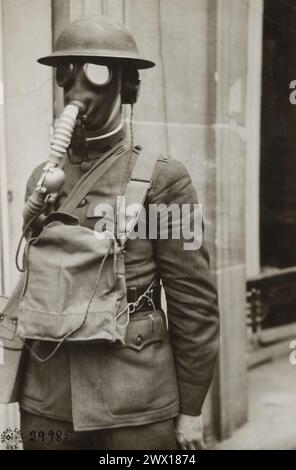 American soldier wearing a gas mask during World War I. The photograph ...