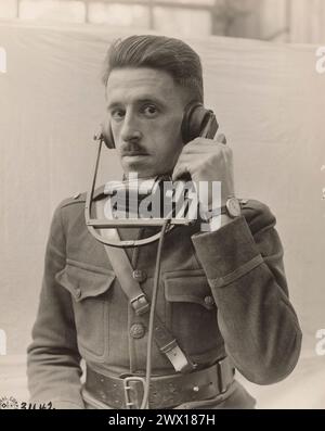 A French soldier demonstrates the French Inter-Phone apparatus ca ...