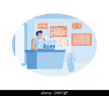 Man software engineer concept with design, optimization, responsive and developer solutions ...