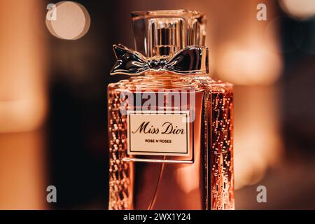 Miss Dior luxury perfume glass bottle of on a stand. It was founded in ...